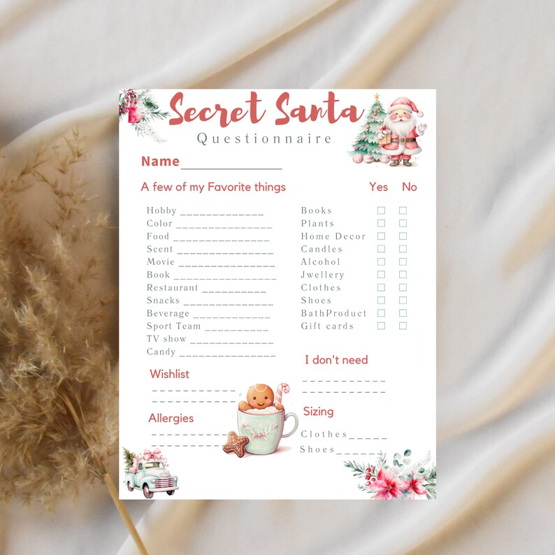 EDITABLE Secret Santa Questionnaire Printable, Christmas Secret Santa ...