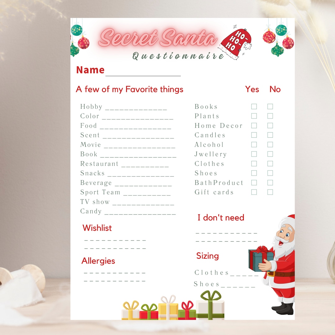 Customizable Secret Santa Questionnaire Template - Editable Printable ...