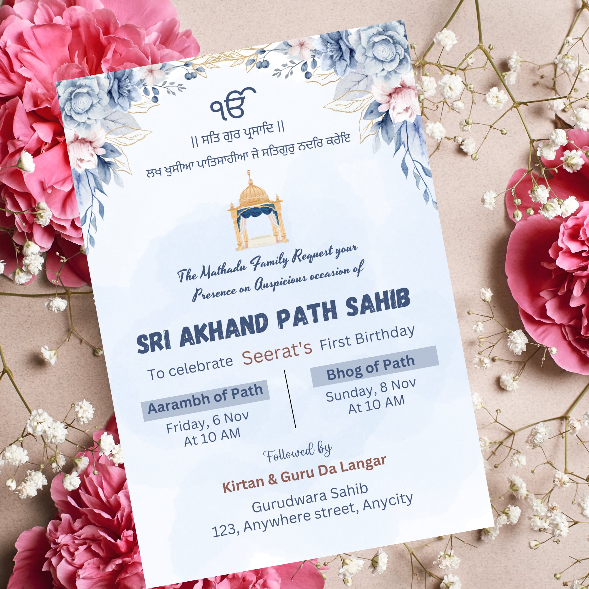 Sri Akhand Path Sahib Digital Canva Invitation Template First Birthday ...