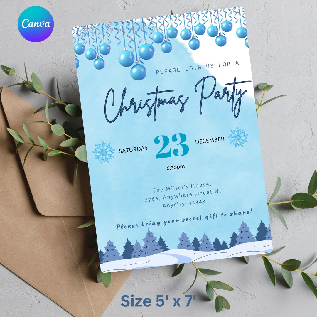 Elegant Blue Christmas Party Invitation Template on Canva - DIY Holiday ...