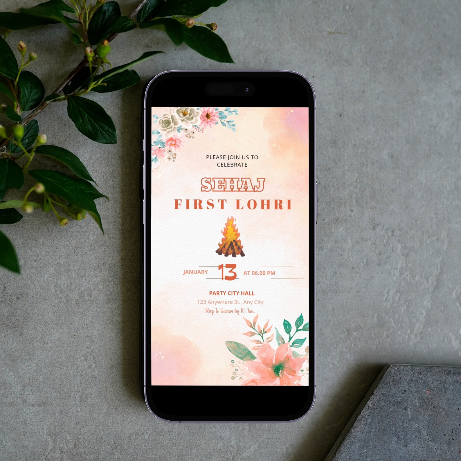 Beautiful Lohri Invitation Canva Template, Editable Invitation Template ...