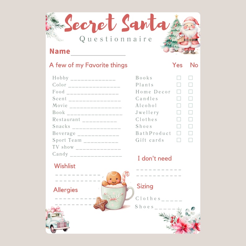 EDITABLE Secret Santa Questionnaire Printable, Christmas Secret Santa ...