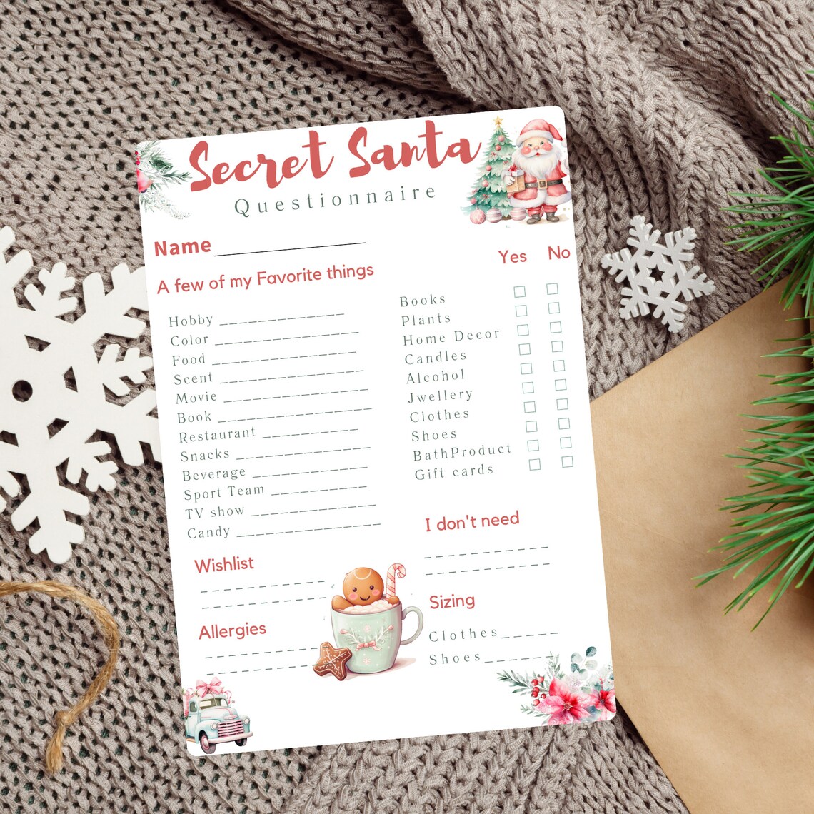 EDITABLE Secret Santa Questionnaire Printable, Christmas Secret Santa ...