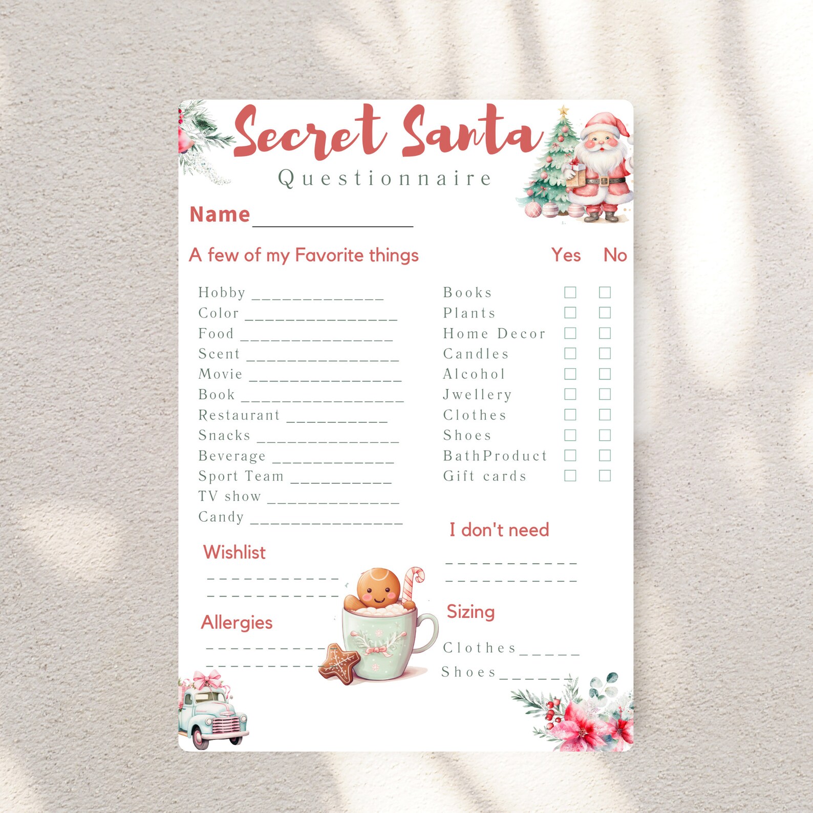 EDITABLE Secret Santa Questionnaire Printable, Christmas Secret Santa ...