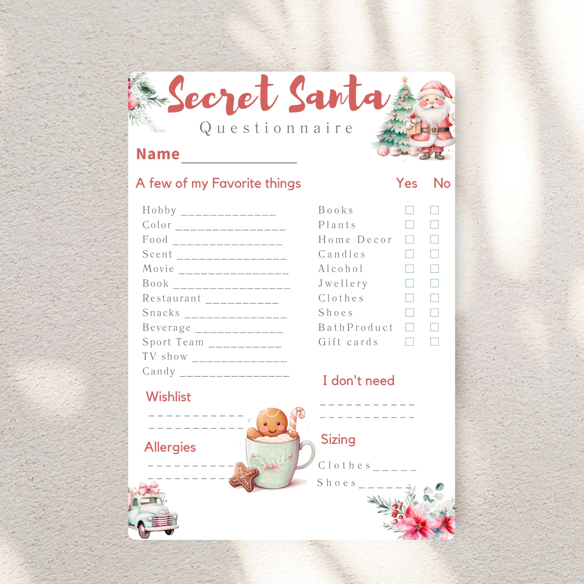 EDITABLE Secret Santa Questionnaire Printable, Christmas Secret Santa ...