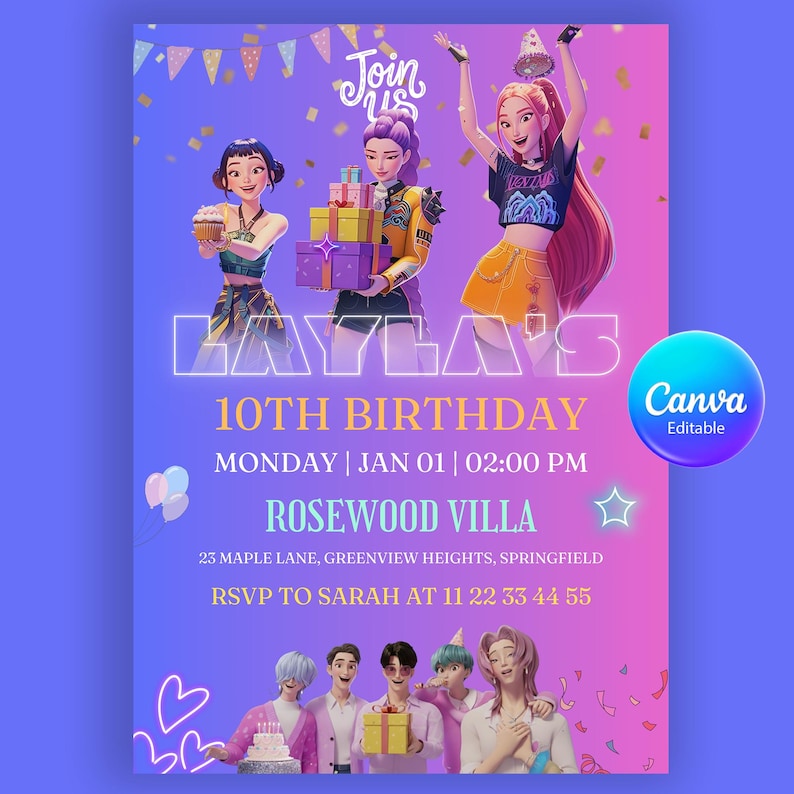 Kpop Demon Hunter Birthday Invitation | Editable Template | Kpop Anime ...