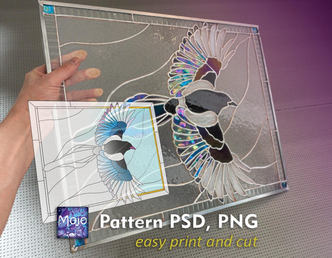 Soaring Magpie Stained Glass Pattern — Iridescent Bird in Flight DIY ...