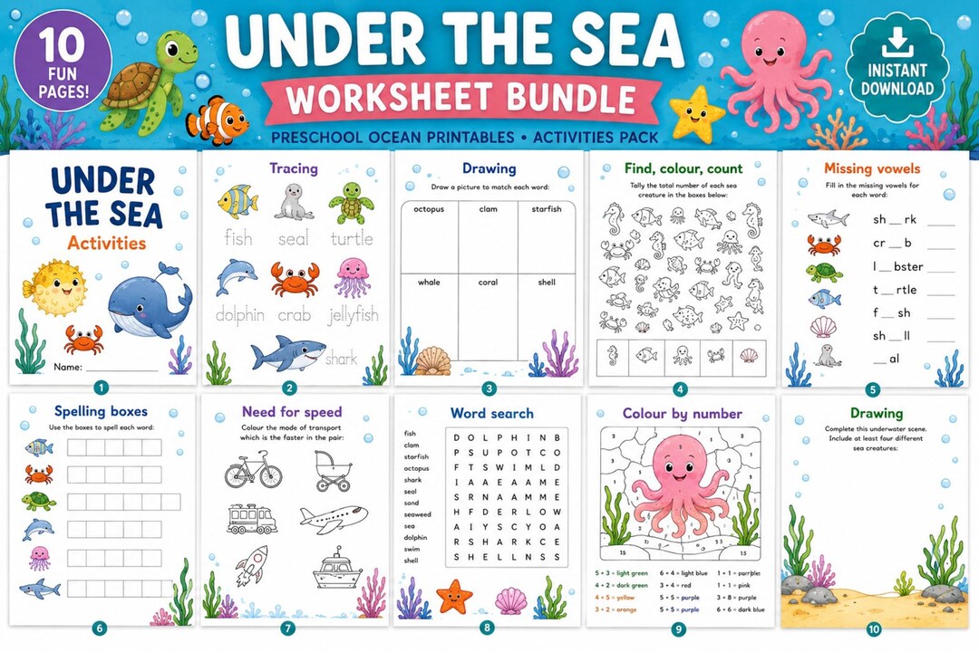 Ocean Animals Early Learning Bundle, Printable Worksheets Flashcards ...