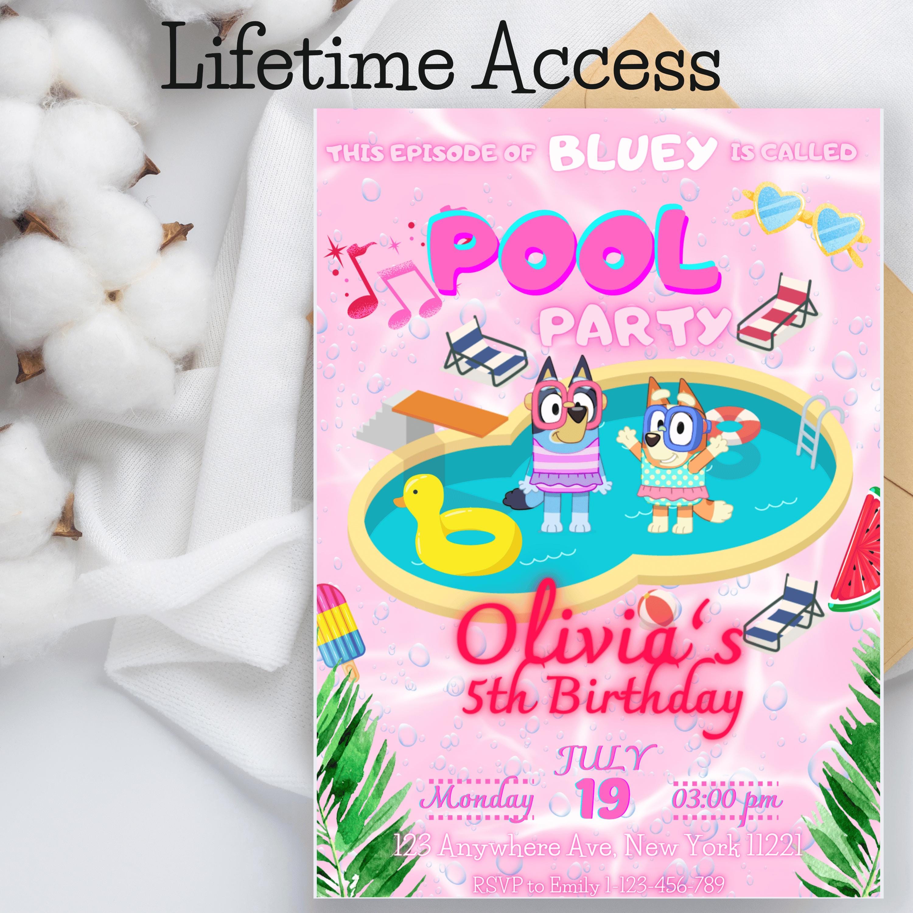 Editable Girl Bluey Pool Birthday Party Invitation Template, Blue Dog ...