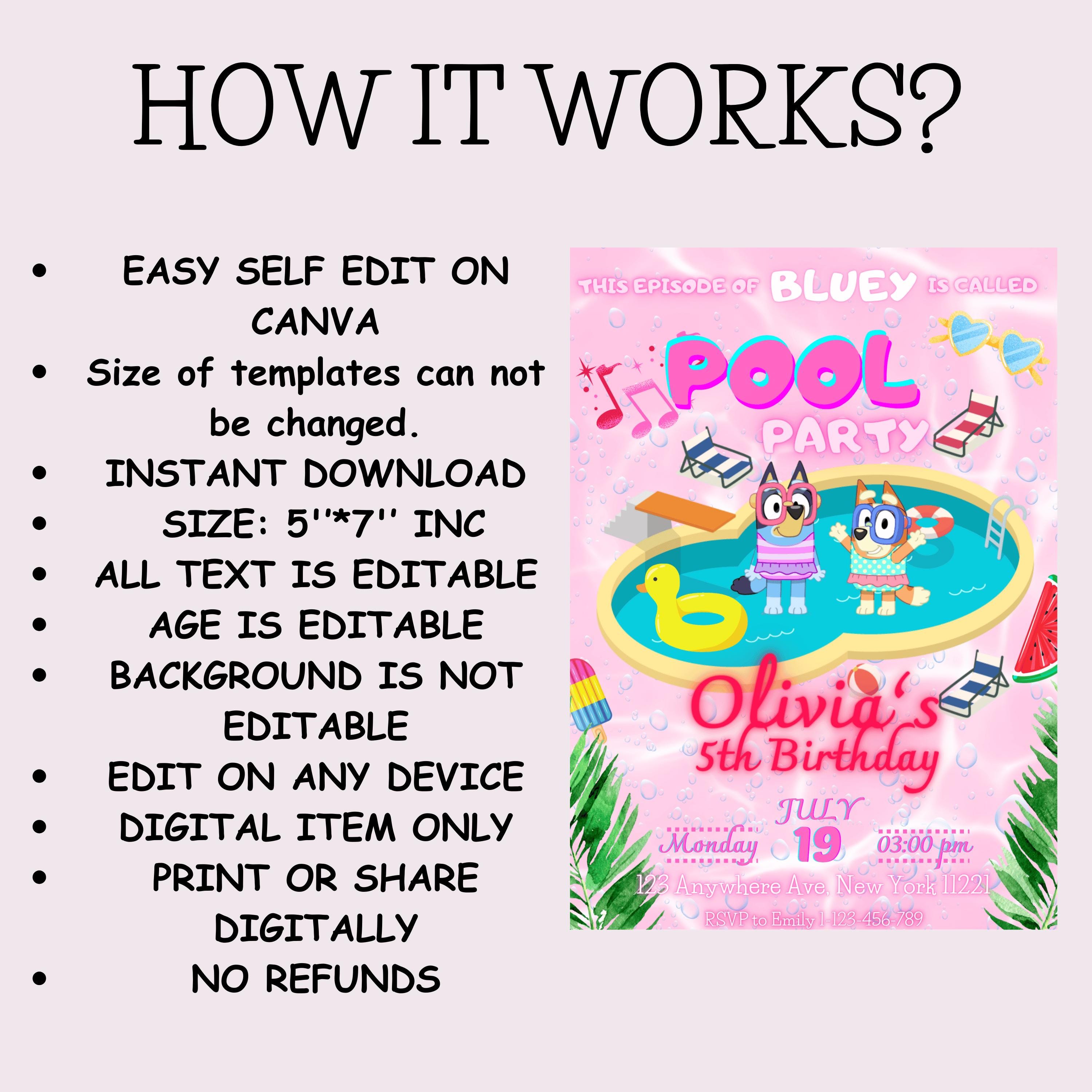Editable Girl Bluey Pool Birthday Party Invitation Template, Blue Dog ...