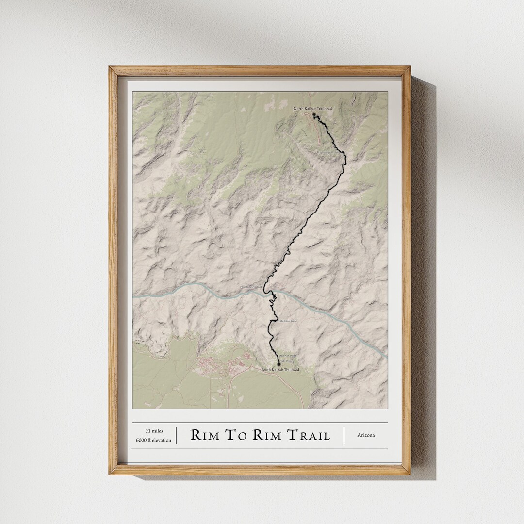 Rim to Rim Trail Map - Grand Canyon Hiking Art Print, Adventure Gift ...
