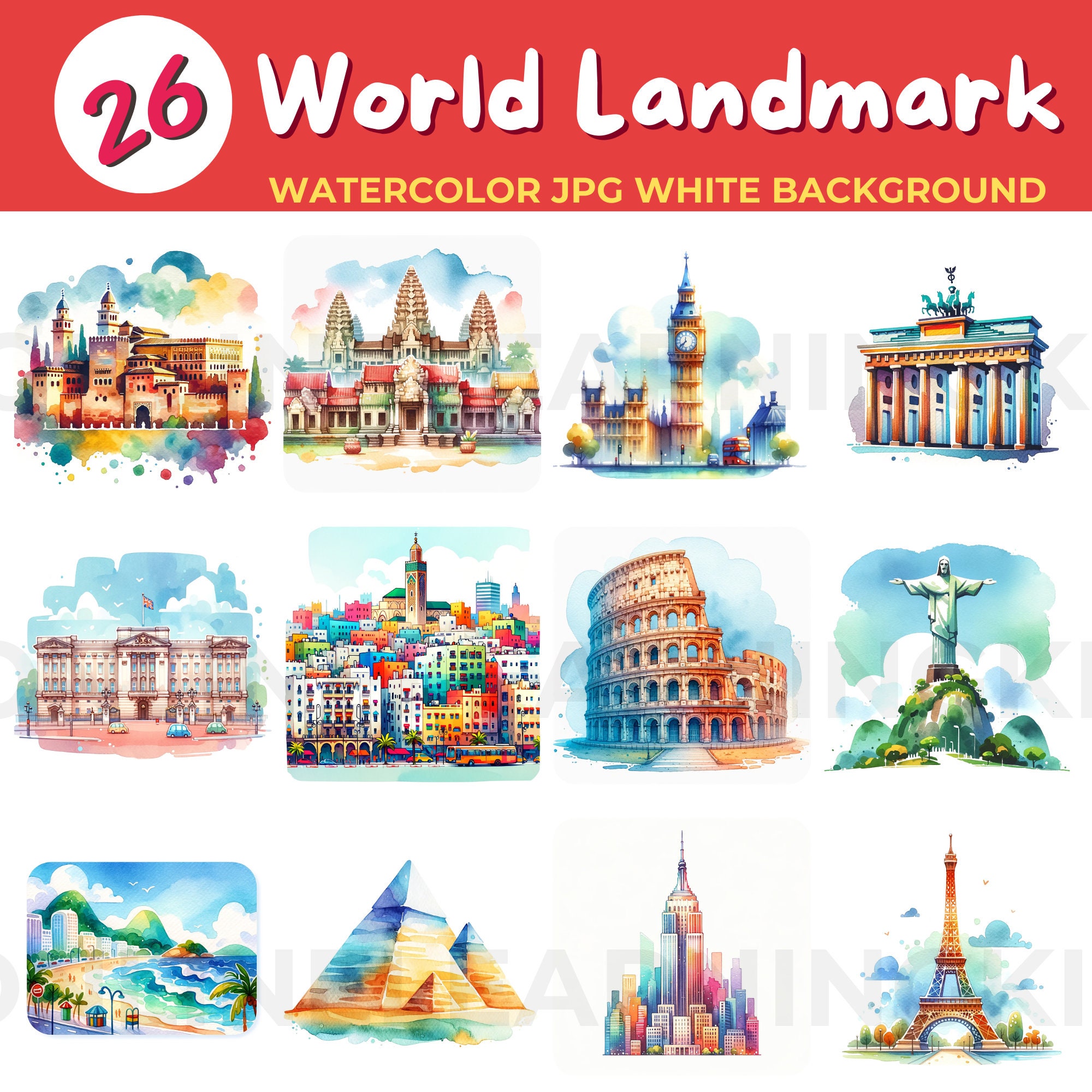 26 Around the World Famous Landmarks Watercolor JPG White Background - Etsy