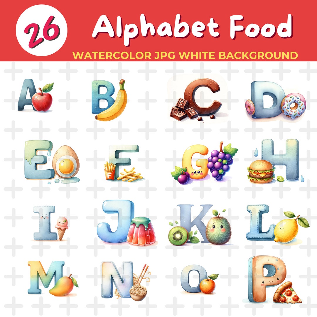 Alphabet Food Watercolor JPG White Background 300 DPI | Food Alphabet ...