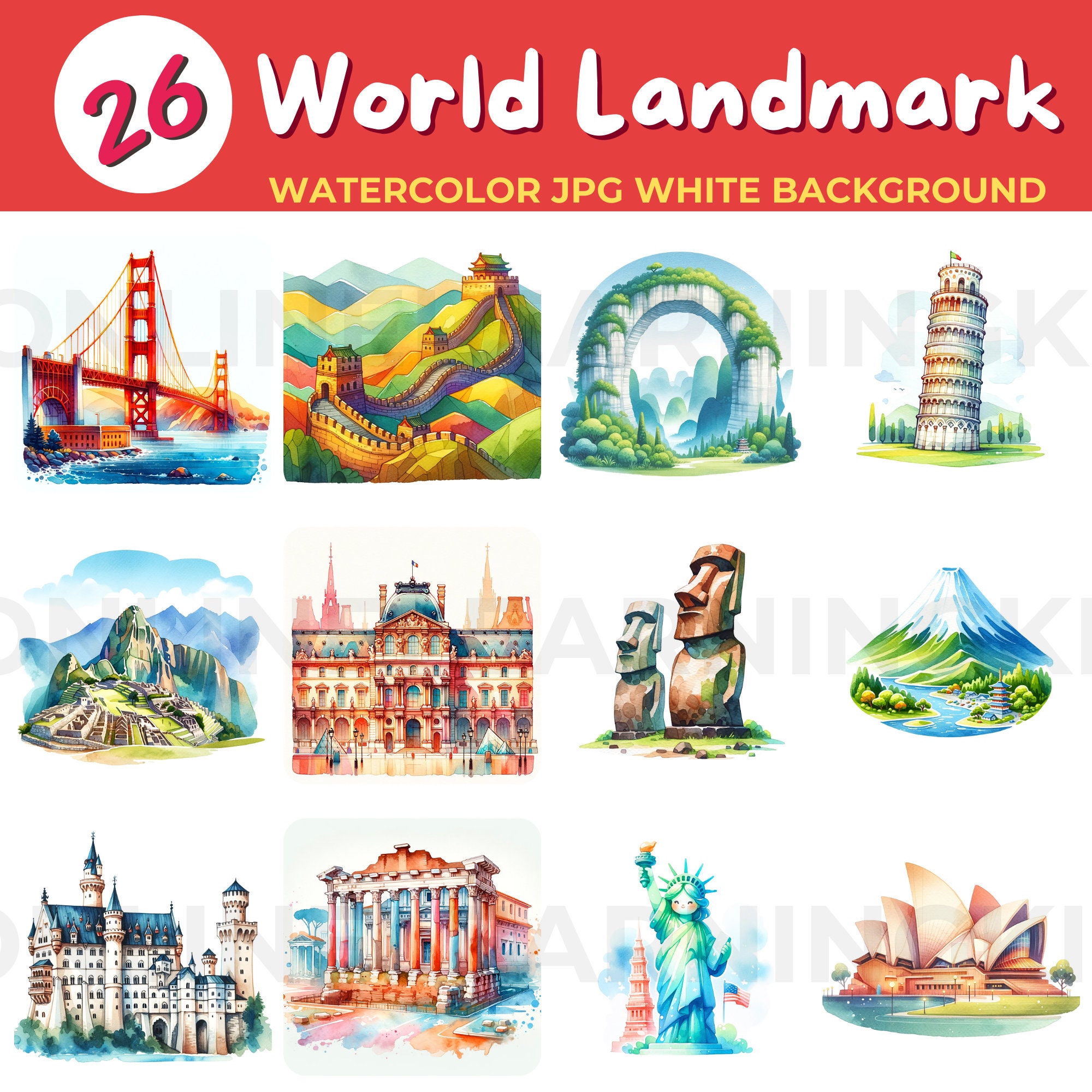 26 Around the World Famous Landmarks Watercolor JPG White Background - Etsy