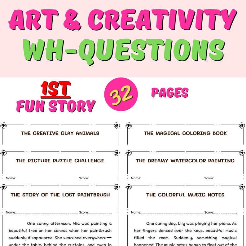 Wh-questions-art & Creativity Fun Story 1st Grade With Worksheets - Etsy