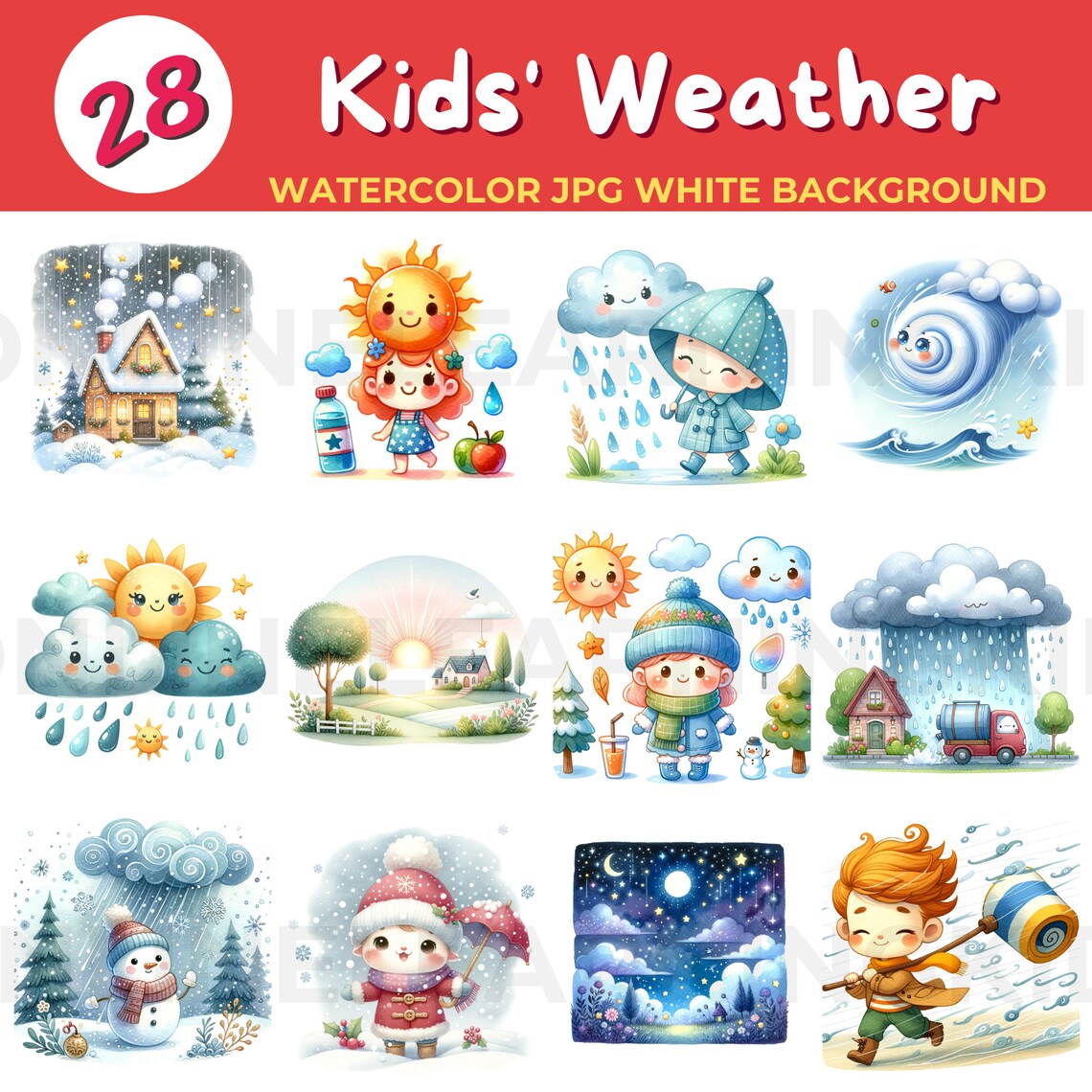 28 Kids' Weather Watercolor JPG White Background | Weather Art Kids ...
