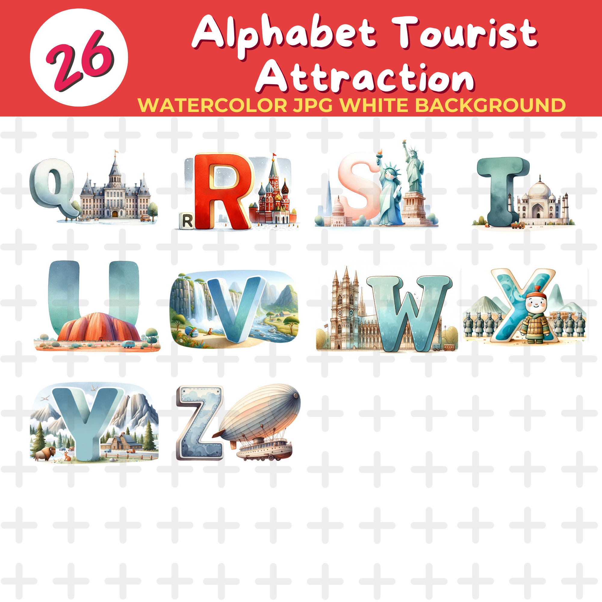 Alphabet Tourist Attraction Watercolor JPG White Background 300 DPI ...