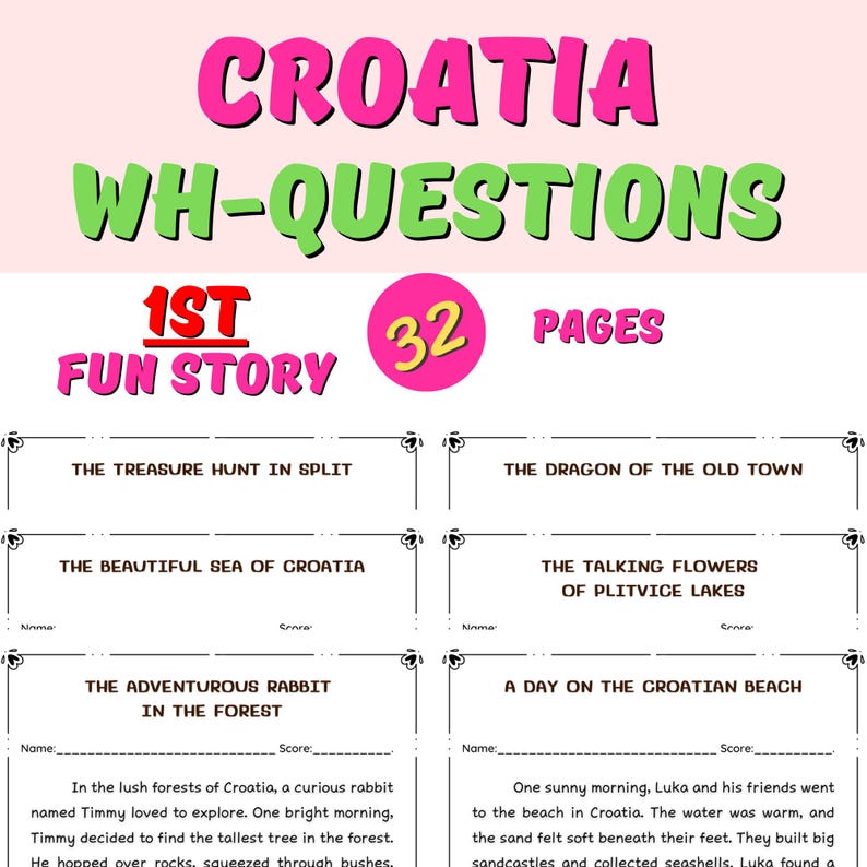 Wh-questions-croatia Fun Story 1st Grade With Worksheets - Etsy
