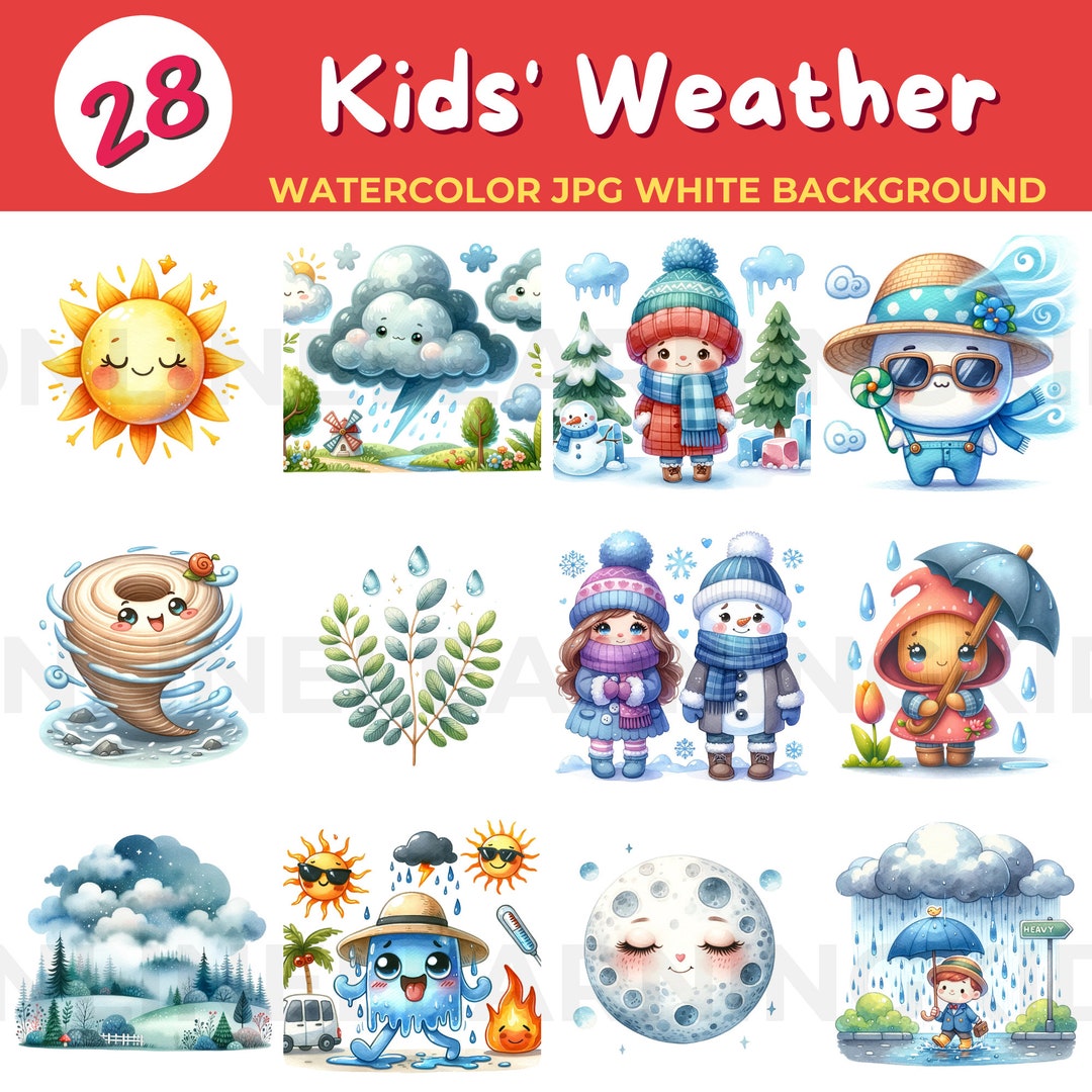 28 Kids' Weather Watercolor JPG White Background | Weather Art Kids ...