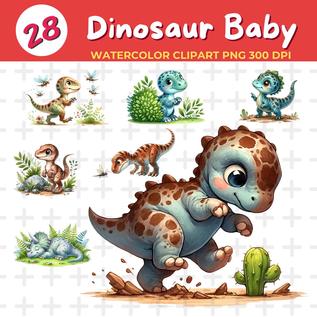 28 Baby Dinosaur Themed Watercolor Clipart | Cute Dinosaurs Clipart ...