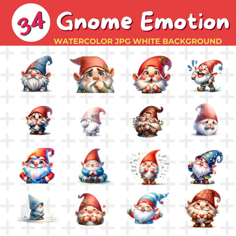 34 Gnome Emotion Watercolor JPG White Background 300 DPI Gnome Art Kids ...