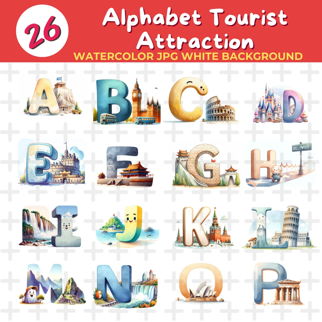 Alphabet Tourist Attraction Watercolor JPG White Background 300 DPI ...