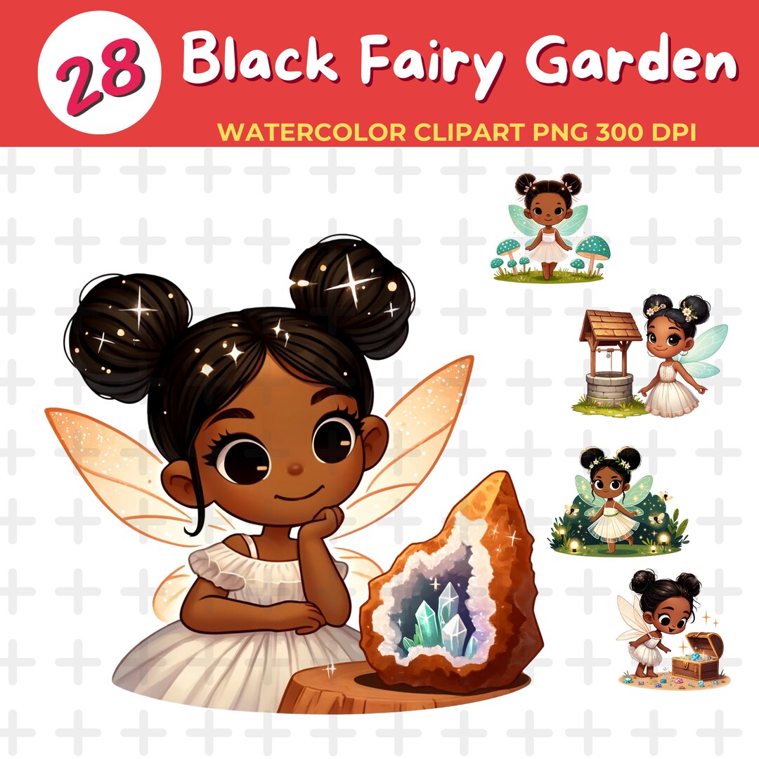 Watercolor Black Fairy Garden Clipart | Afro Fairy Garden PNG | African ...