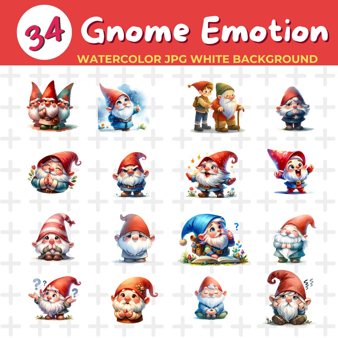 34 Gnome Emotion Watercolor JPG White Background 300 DPI Gnome Art Kids ...
