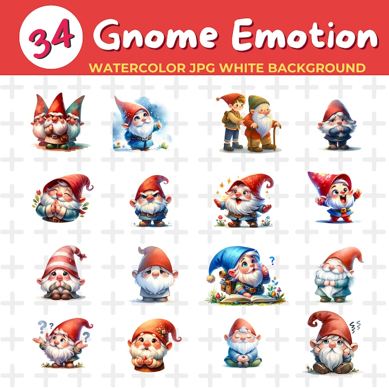34 Gnome Emotion Watercolor JPG White Background 300 DPI Gnome Art Kids ...