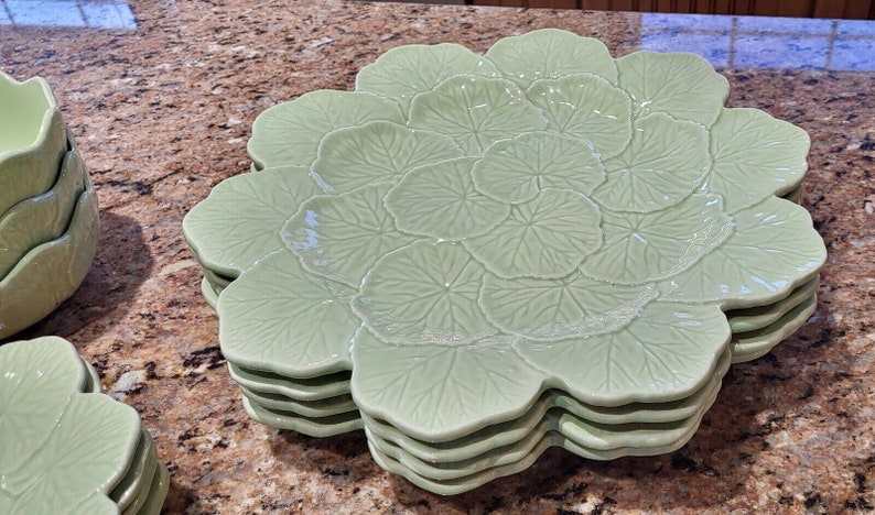 Rare BORDALLO PINNEIRO PORTUGAL Geranium Light Green Dishes set of 11 ...