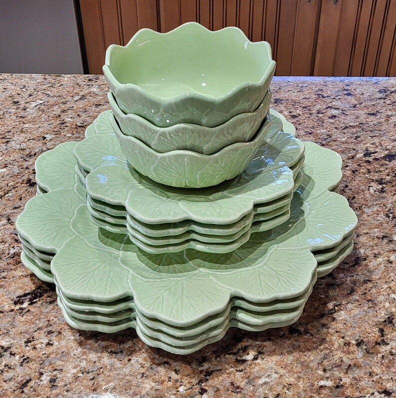 Rare BORDALLO PINNEIRO PORTUGAL Geranium Light Green Dishes set of 11 ...