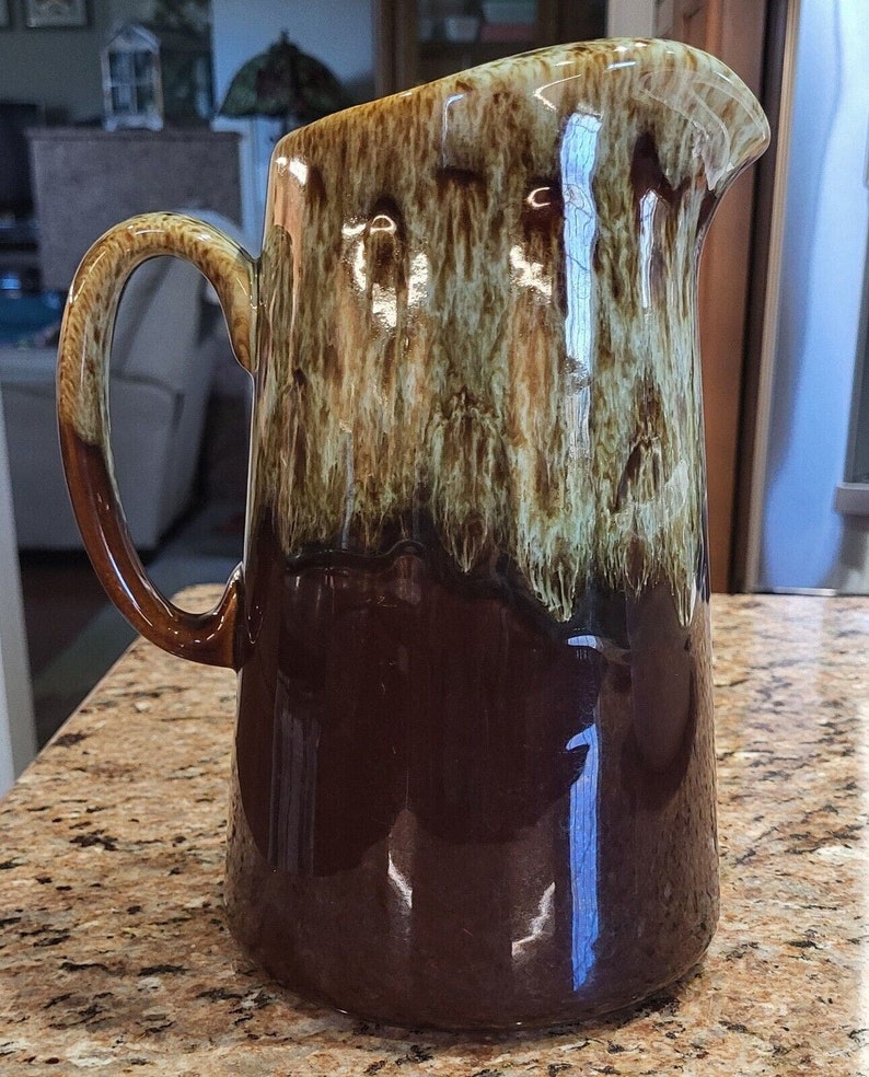 Vintage Brown & Gray/greenish Drip Pitcher Pottery Glaze Pitcher 9 1/2 ...