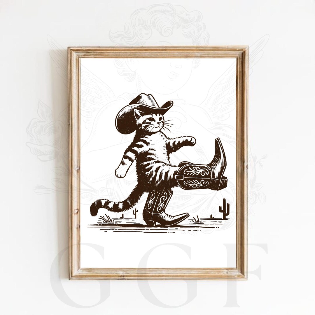 Cute Cowboy Cat Poster, Western Cat Wall Art, Funny Cat Illustration ...
