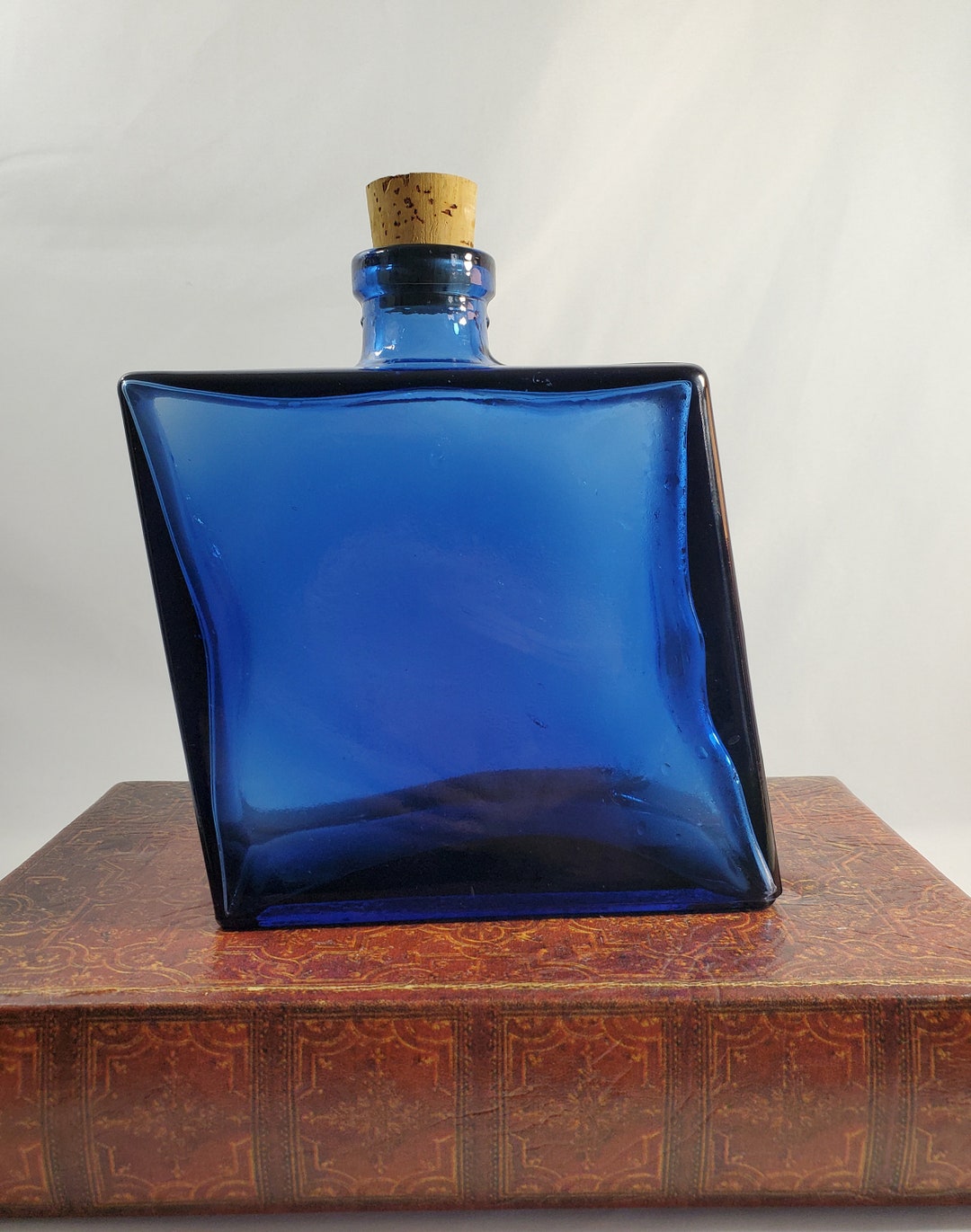 Vintage Cobalt Blue Tilted Rhombus Glass Bottle Handmade in Mexico With ...