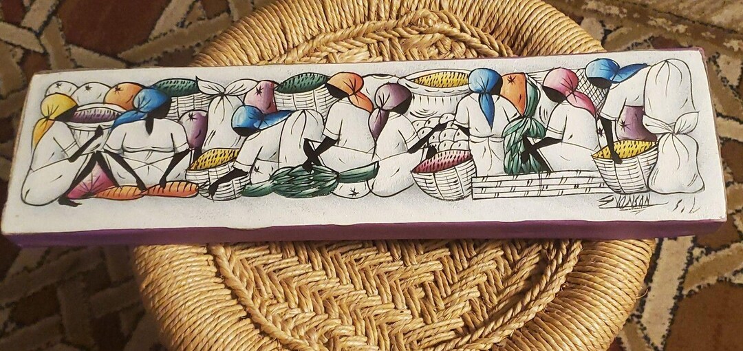 Simbi Haitian Art Signed Women at the Market Folk Art Yesnon? Yonson? 4 ...