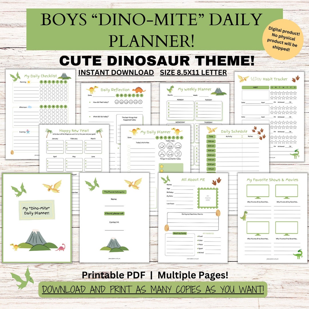 Kids Dinosaur Daily Planner, Boys Journal and to Do Lists, Printable ...