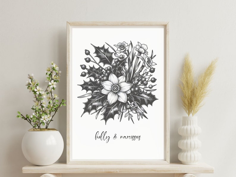 December Holly, Narcissus Birth Flower Bouquet Wall Art, Wood Frame ...