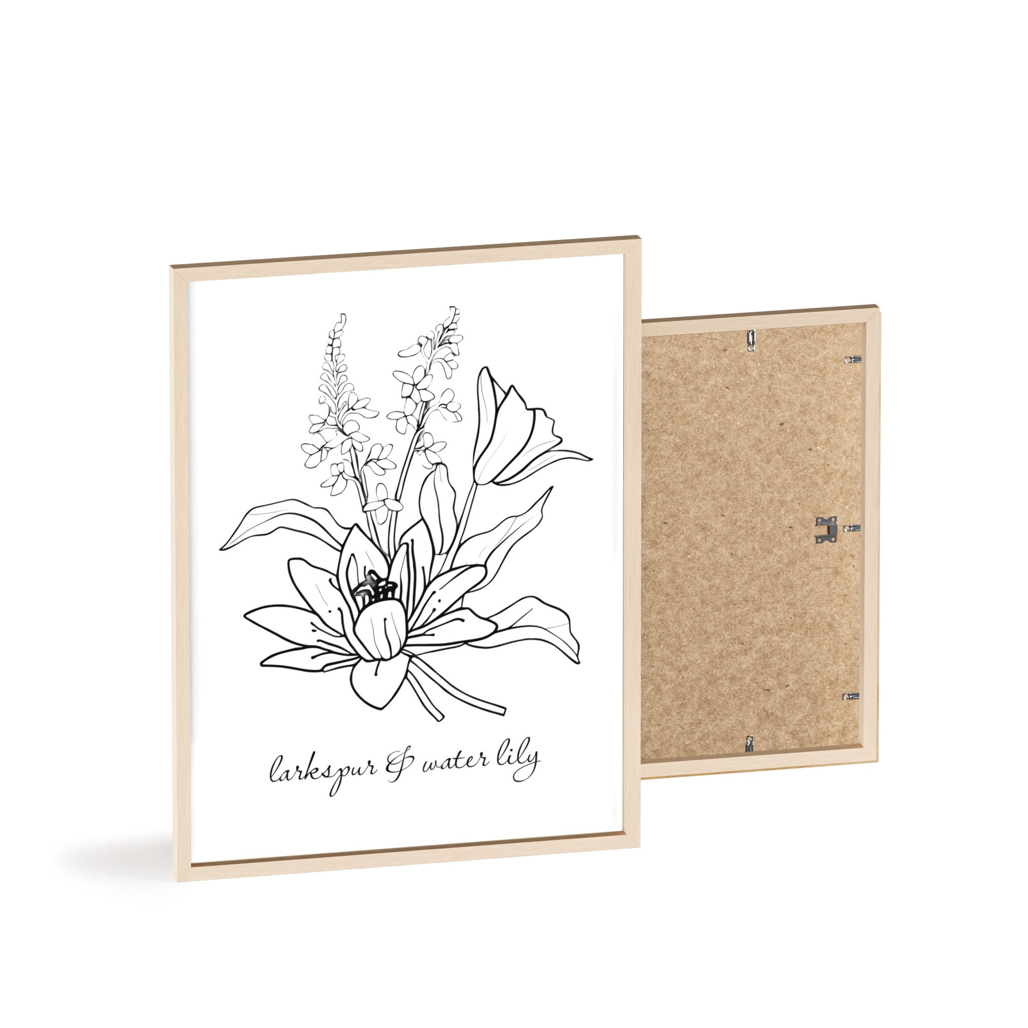 July Birth Flower Larkspur, Water Lily Bouquet Wall Art, Wood Frame ...
