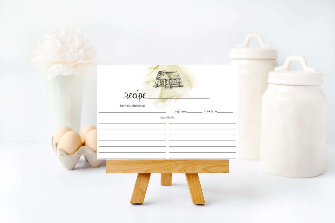 Vintage Home Sketch Watercolor Recipe Card, Themed Recipe Card, Cooking ...