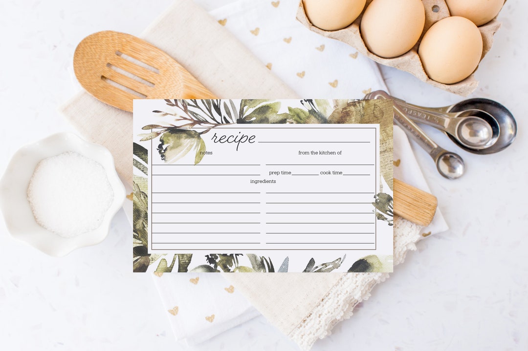 Watercolor Recipe Card, Greenery Themed Recipe Card, Cooking Recipe ...