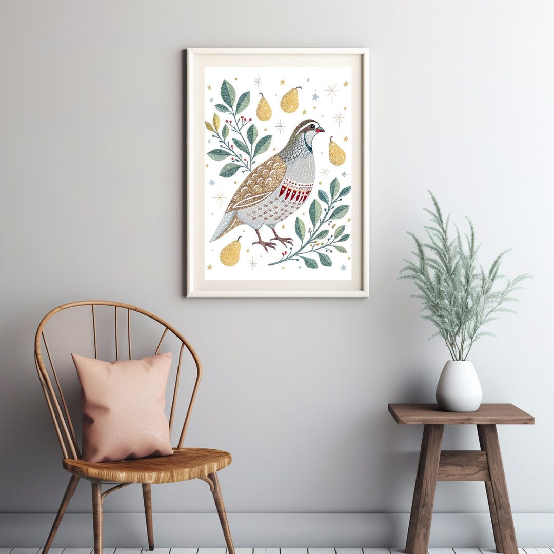 Whimsical Quail Illustration With Leaves and Pears - Printable Art for ...