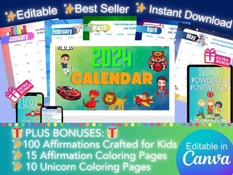 2024 EDITABLE Calendar for Kids - Boy Theme - 2024 Printable Calendar ...