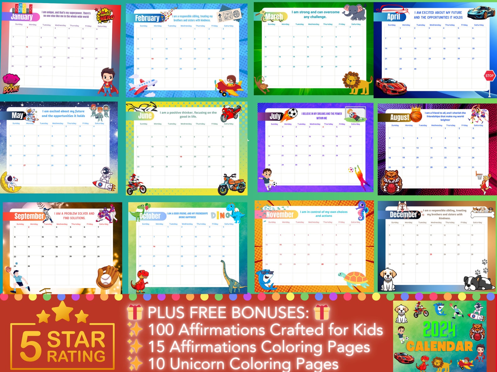2024 EDITABLE Calendar for Kids - Boy Theme - 2024 Printable Calendar ...