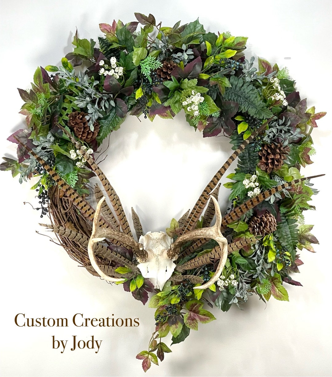 Deer Antler Wreath: Extra Large, Multi Greens Wreath With European Deer Mount and Pheasant ...