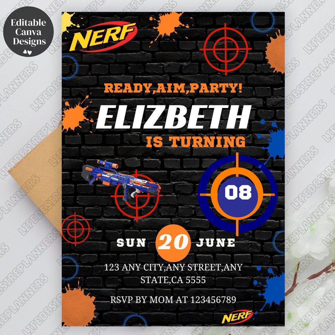 Kids Editable Nerf Party Invitation, Customizable Birthday Template ...