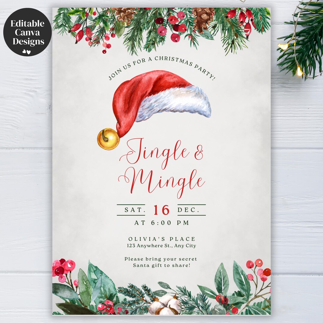 Jingle & Mingle Christmas Party Invitation, Holiday Greenery Christmas ...