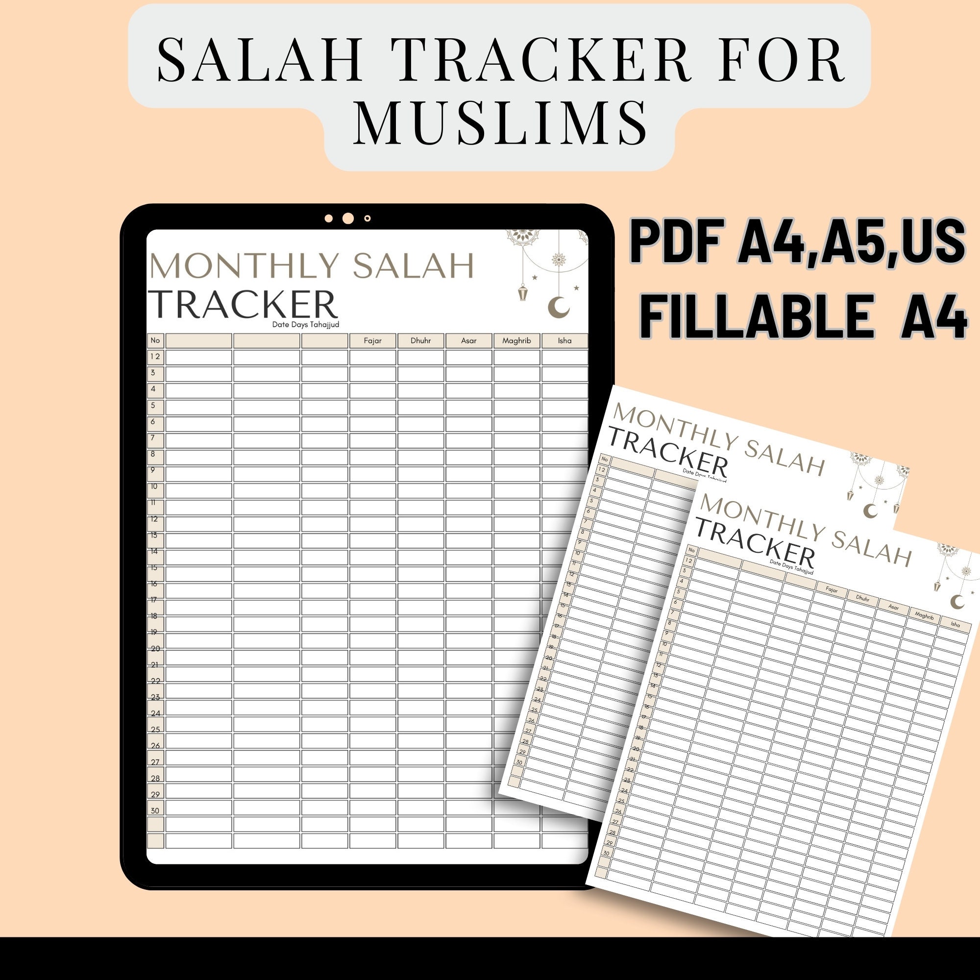 A4,A5,US Letter Salah Tracker Pdf, Salah Times, Salah Prayer ...