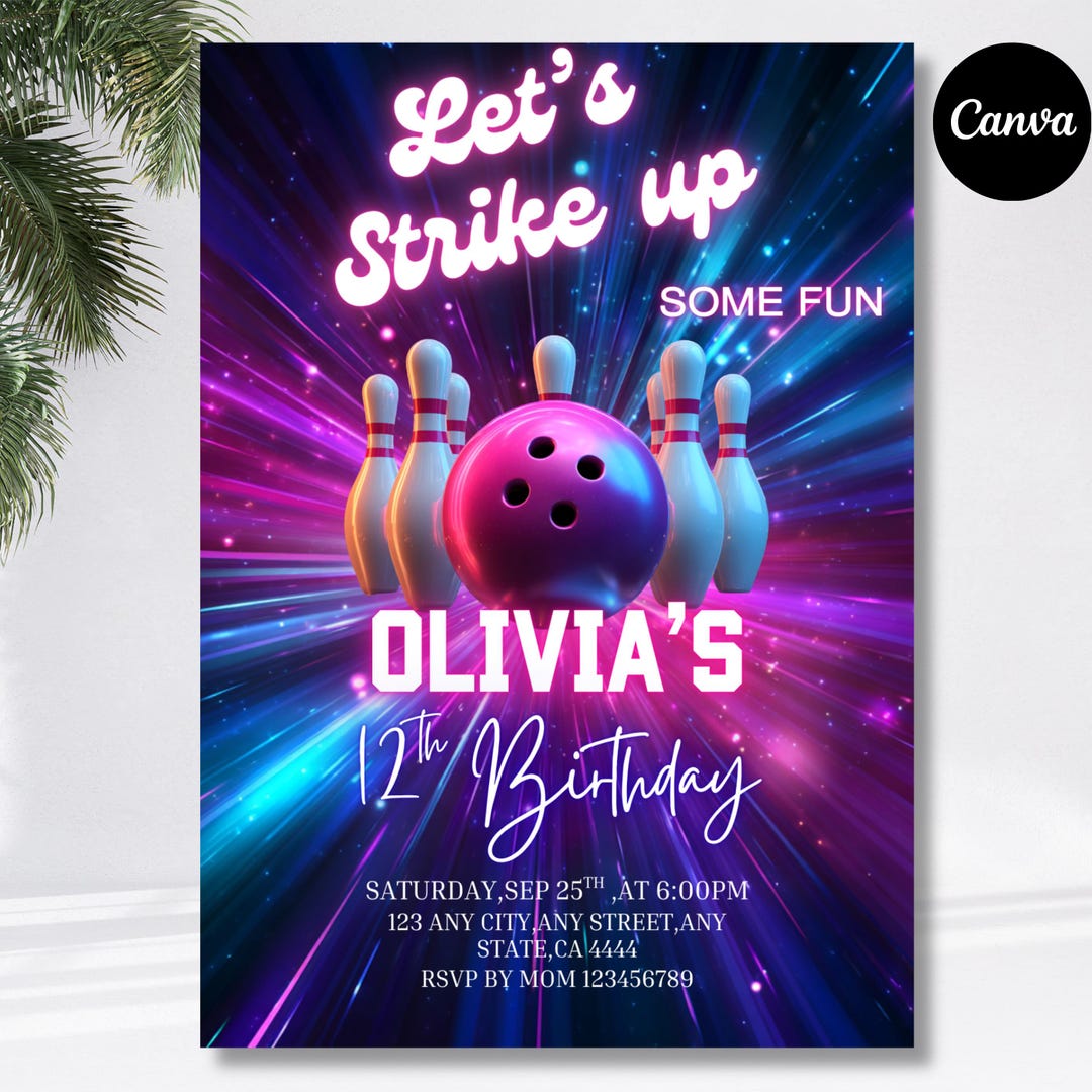 Editable Bowling Birthday Invitation, Let’s Strike up Some Fun, Pink ...