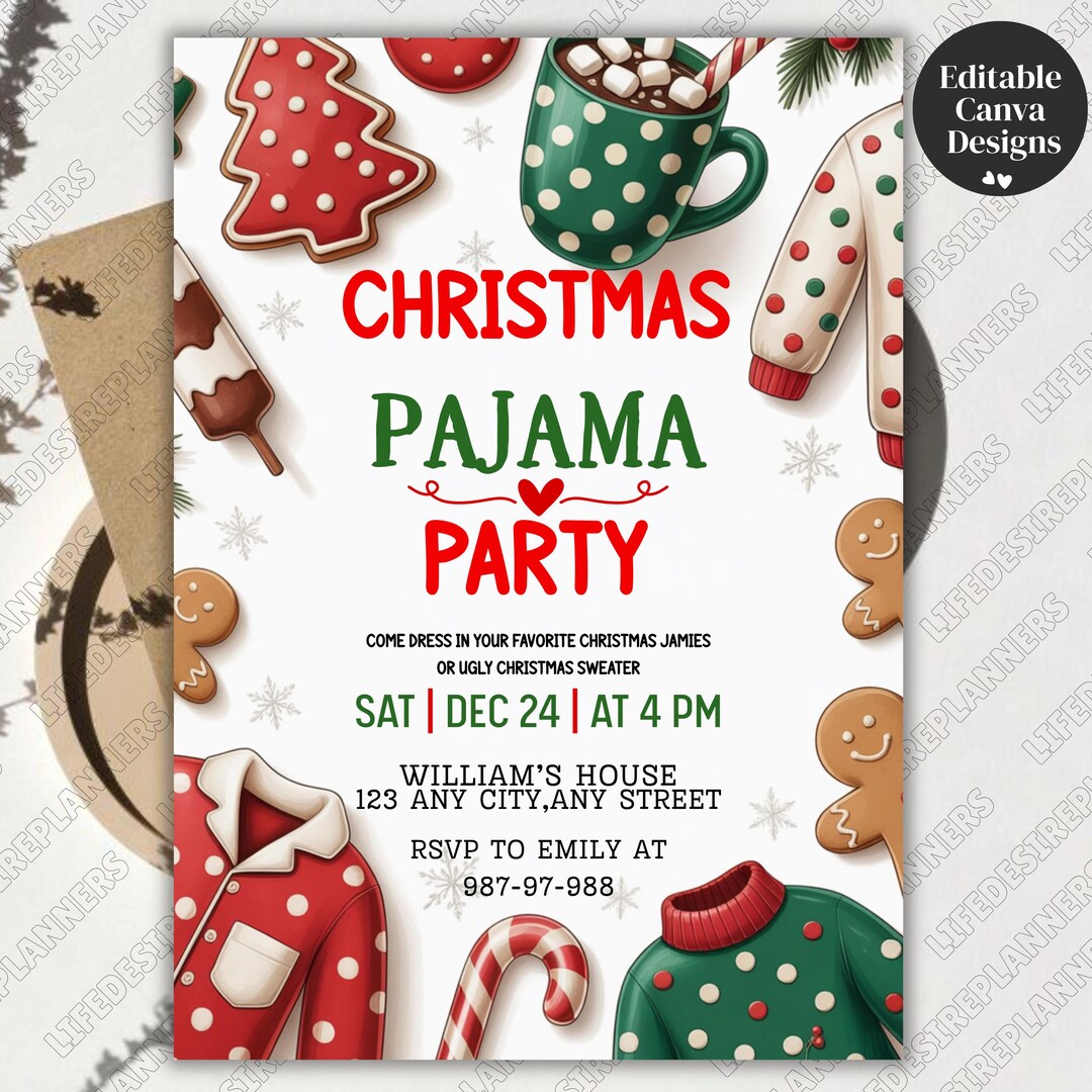 Printable Christmas Pajama Party Invitation, Cute Holiday PJ Theme ...
