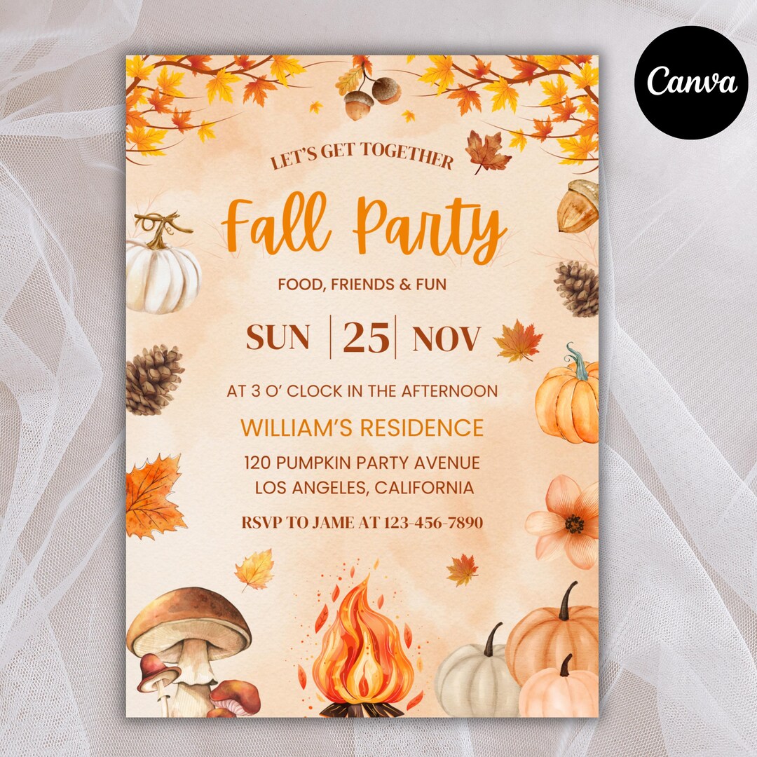 Editable Fall Party Invitation, Autumn Harvest Festival Invite, Bonfire ...